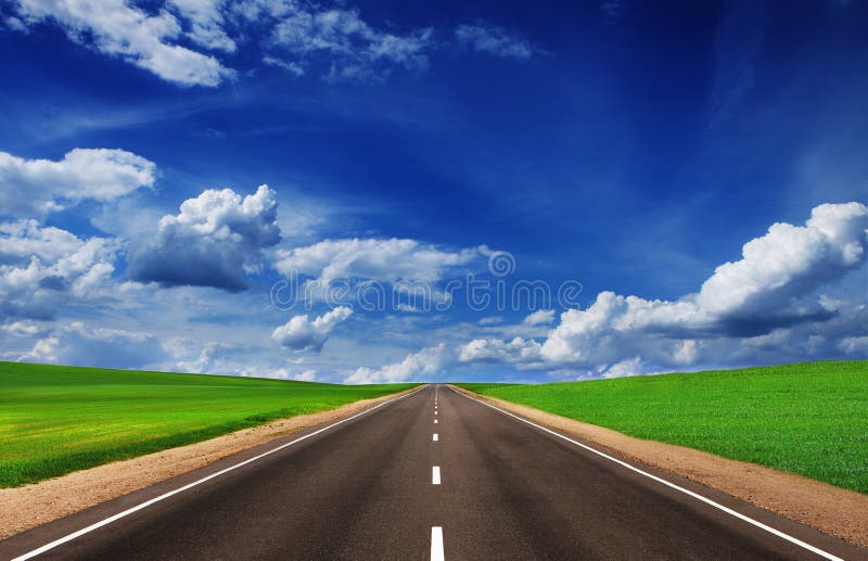 Asphalt Road in Green Fields Under Beautiful Sky Stock Image - Image of ...