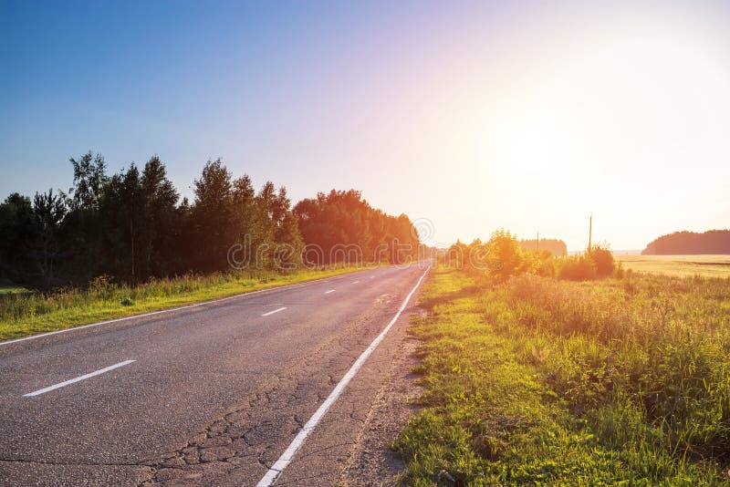 Asphalt Road among Green Grass on Summer Sunset. Stock Photo - Image of ...