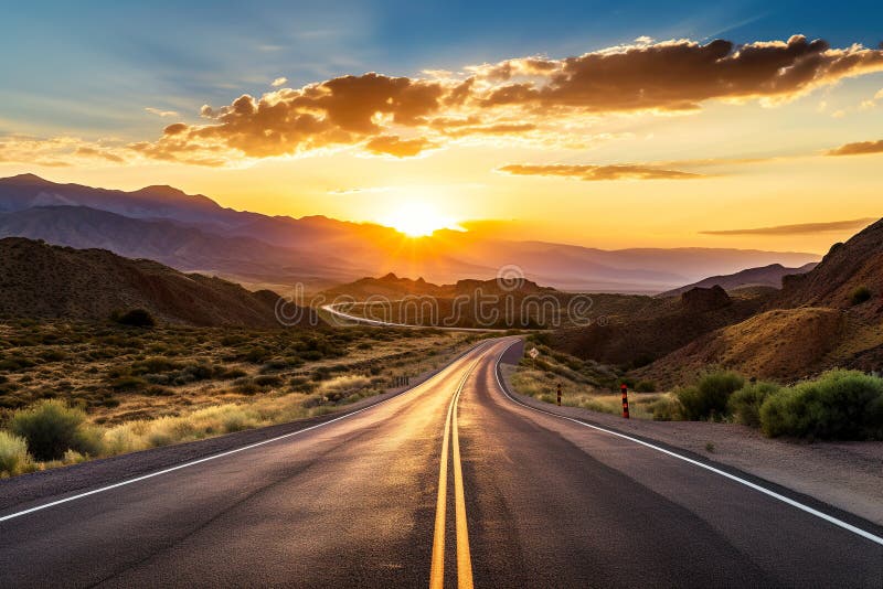 Asphalt Road through Hilly Terrain at Sunset Stock Illustration ...