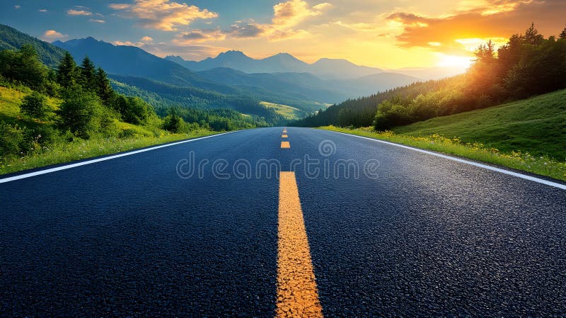 Asphalt Road Leading through Mountains at Sunset - Realistic Image ...