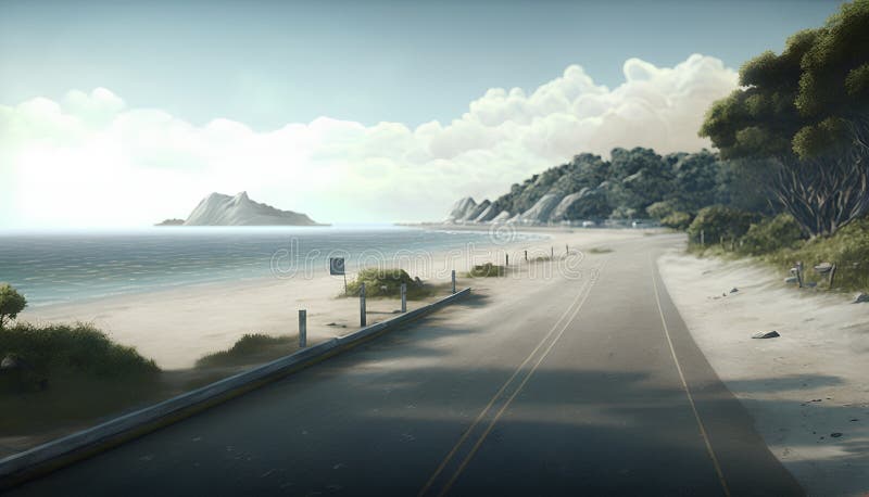 Asphalt Road Leading To the Sea. 3D Rendering Stock Illustration ...