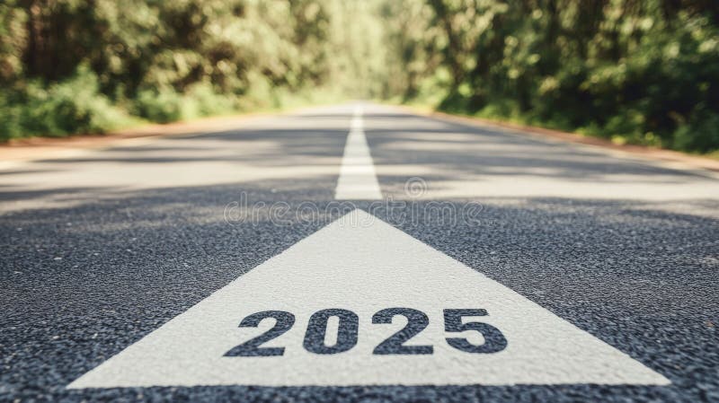 Asphalt Road through the Lush Green Forest with 2025 Year Number ...