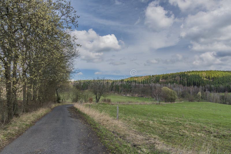 Asphalt Road Near Meadows and Pasture Land in Spring Day Stock Photo ...