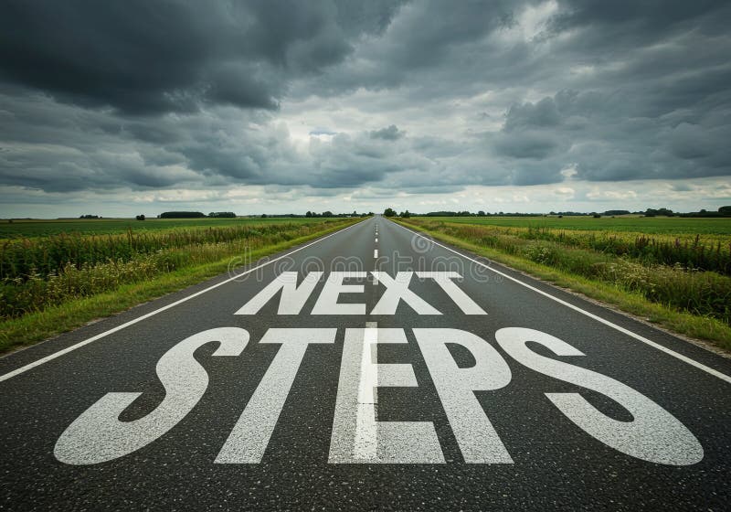Asphalt Road with NEXT STEPS Towards Horizon Under Dramatic Sky Stock ...