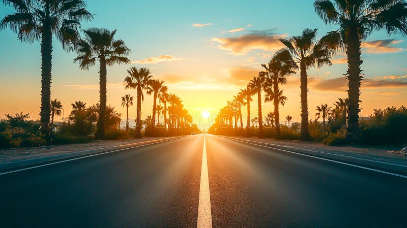Asphalt Road with Palm Trees on Sunset Stock Illustration ...
