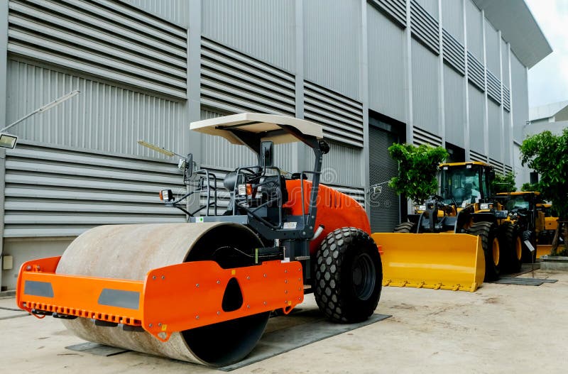 Asphalt Road Roller with Heavy Duty Rollers at Construction Site. Stock ...