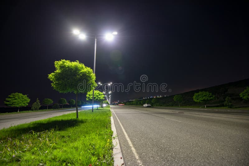 Night Road with Street Lights Stock Image - Image of dusk, electric ...