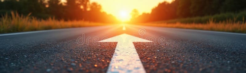 Asphalt Road with White Arrow Points Forward during Sunset. Symbol of ...