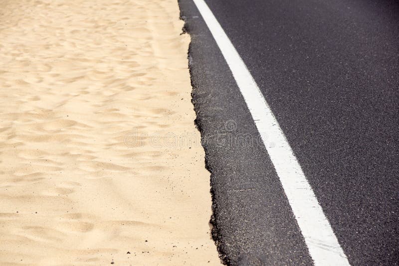 Asphalt Way with White Road Marking in Desert Terrain of Sand Stock ...