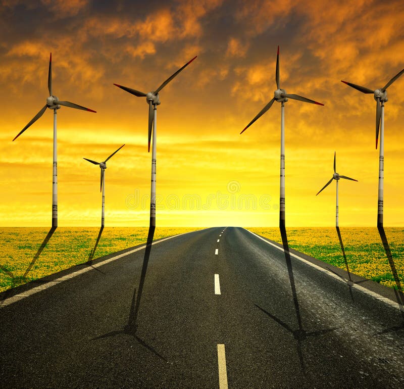Asphalted Road with Wind Turbines Stock Image - Image of scenic, green ...