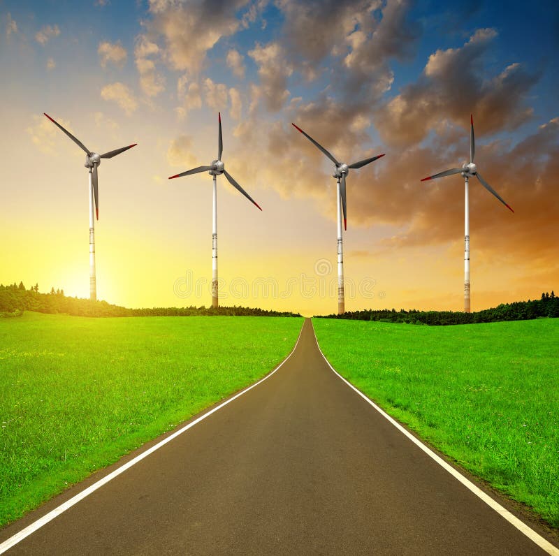 Asphalted Road and Wind Turbines Stock Photo - Image of asphalt ...