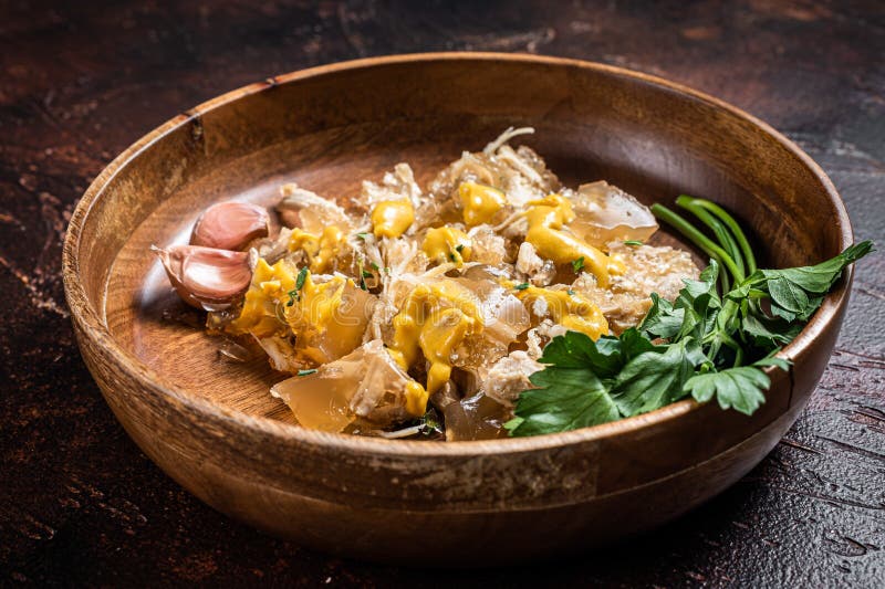 Aspic with Chicken Meat in Plate with Mustard. Dark Background Stock ...