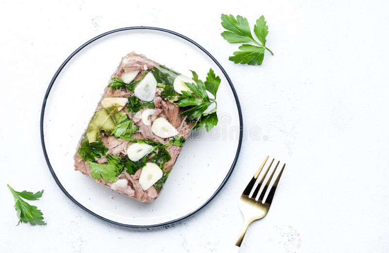 Aspic Meat, Cold Boiled Beef in Spiced Jelly Broth on Plate.. White ...