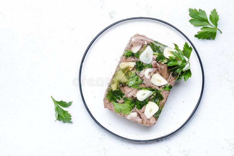 Aspic Meat, Cold Boiled Beef in Spiced Jelly Broth on Plate.. White ...