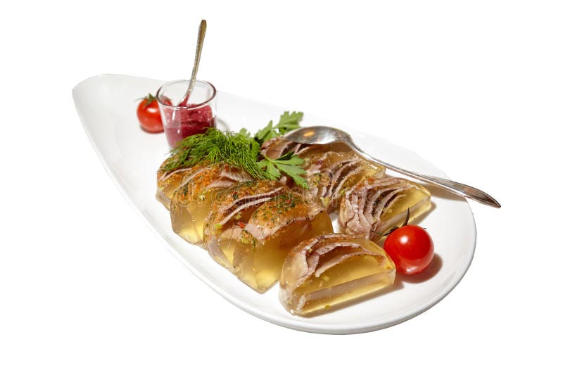 Aspic Meat on a White Plate. Portioned Slices Stock Photo - Image of ...