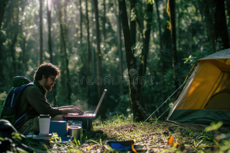 An Aspirational Remote Work Scenario on a Mountaintop, Forest Stock ...