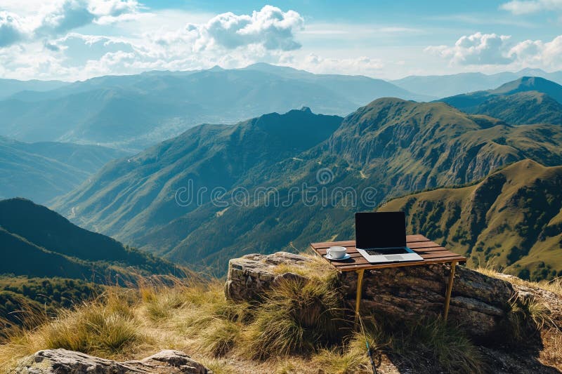 An Aspirational Remote Work Scenario on a Mountaintop Stock ...