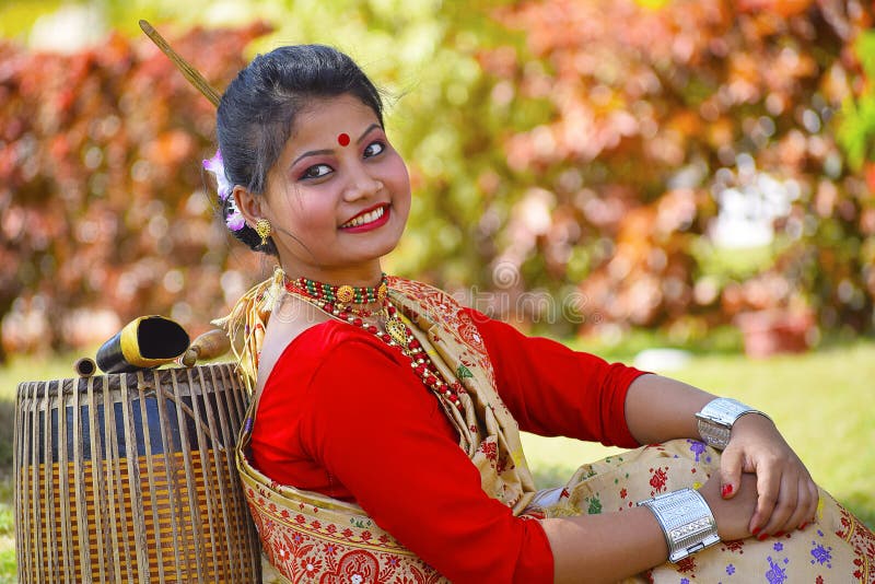 Assamese Girl In Traditional Attire Posing With A Dhol Pune Maharashtra Stock Image Image
