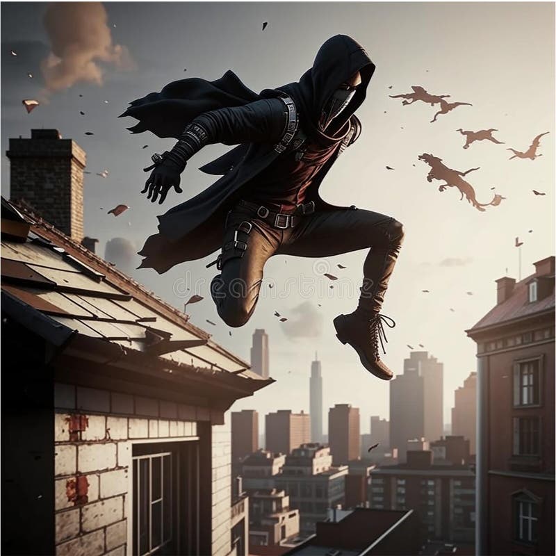 Assassin jumps on rooftops stock illustration. Illustration of roofs ...
