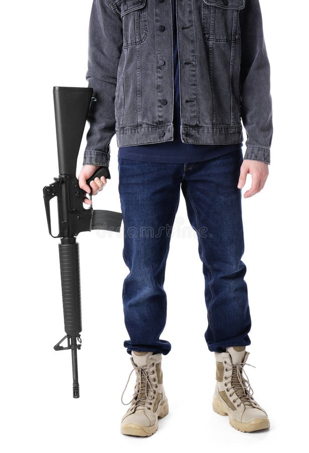 Assault Gun. Man Holding Rifle on White Background, Closeup Stock Image ... Assault Gun. Man Holding Rifle on White Background, Closeup Stock Image ...