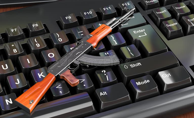Assault Rifle on Computer Keyboard Concept, 3D Rendering Stock ...