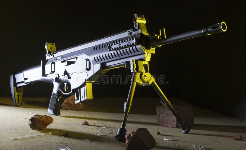Assault rifle in the dark stock image. Image of orange - 86652467