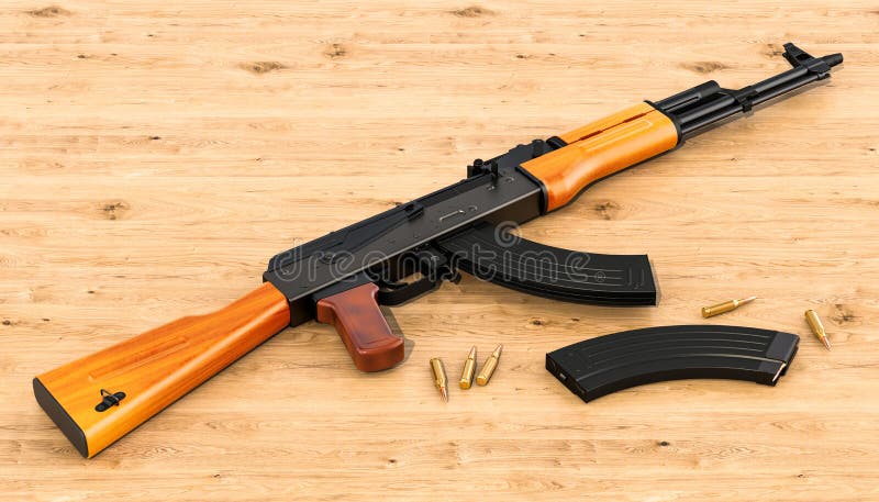 Assault Rifle with Magazine and Bullets on the Wooden Table, 3D Stock ...