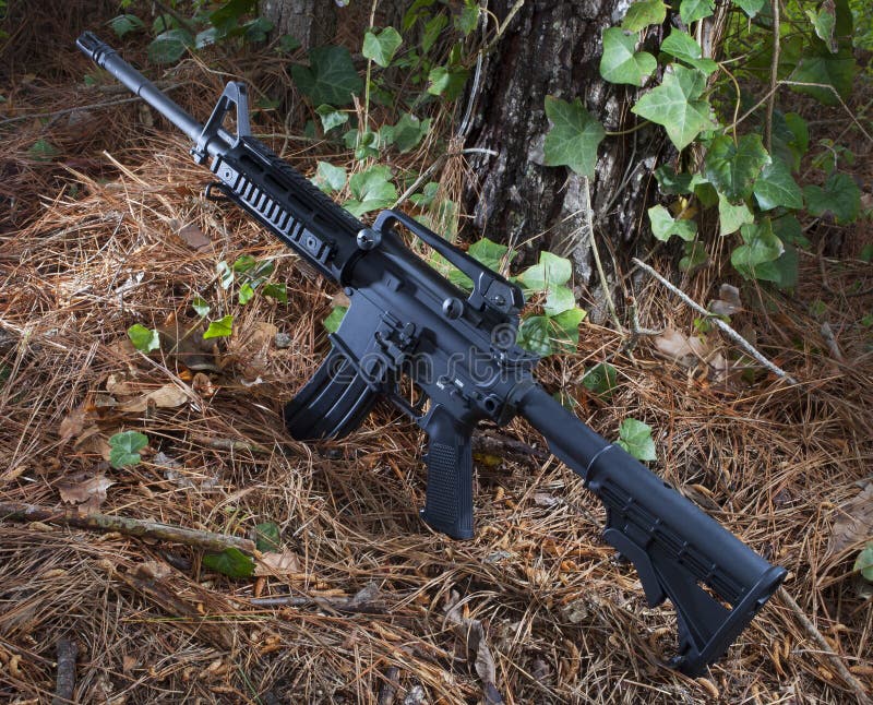 Assault rifle ready stock image. Image of pine, black - 54654865