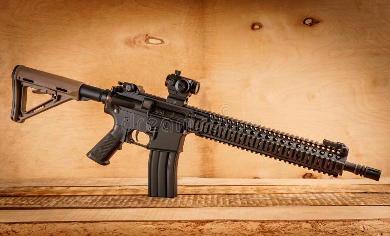 Assault Rifle on a Wooden Table Stock Image - Image of armed, place ...