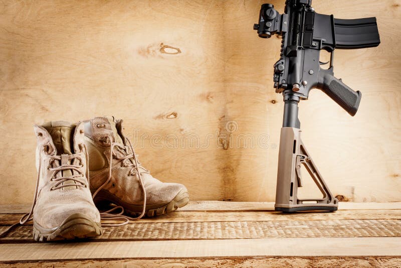 Assault Rifle on a Wooden Table Stock Photo - Image of fire, black ...