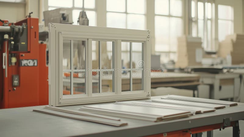 An Assembled Double-glazed Window Frame Lying on a Workbench in a ...