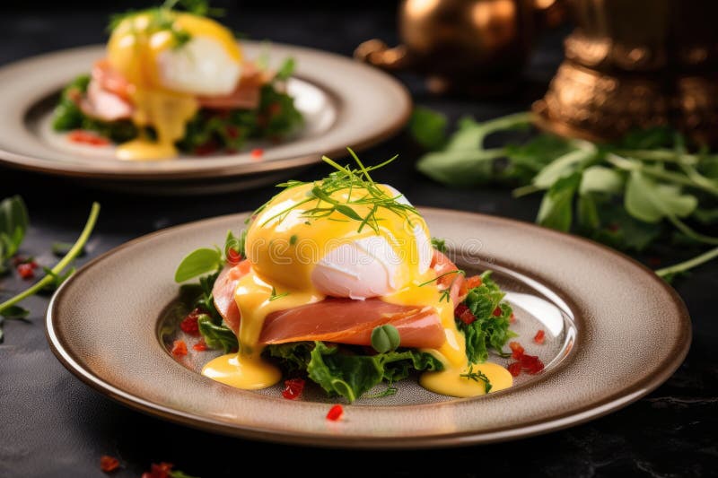 Assembled Eggs Benedict on a Plate with Side Salad Stock Illustration ...