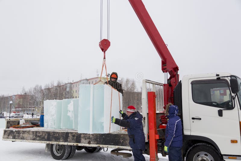 Workers Unloading Ice Blocks from a Car Stock Image - Image of ...