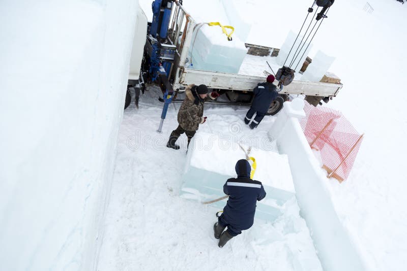 Workers Unloading Ice Blocks from a Car Stock Image - Image of glass ...