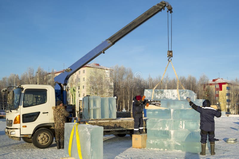 Workers Unloading Ice Blocks from a Car Stock Image - Image of orange ...