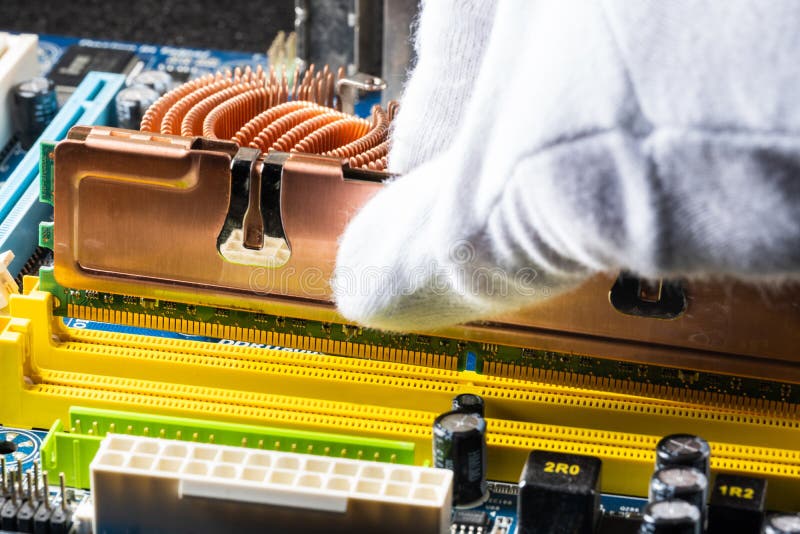 Assembling a Computer in White Gloves, Installing RAM with Copper ...