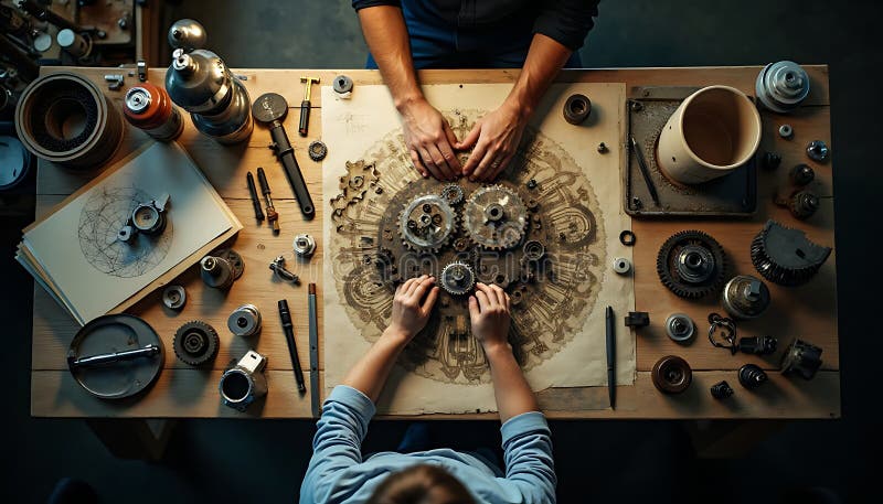 Assembling Gears on Blueprint Two People Working Together on Mechanical ...
