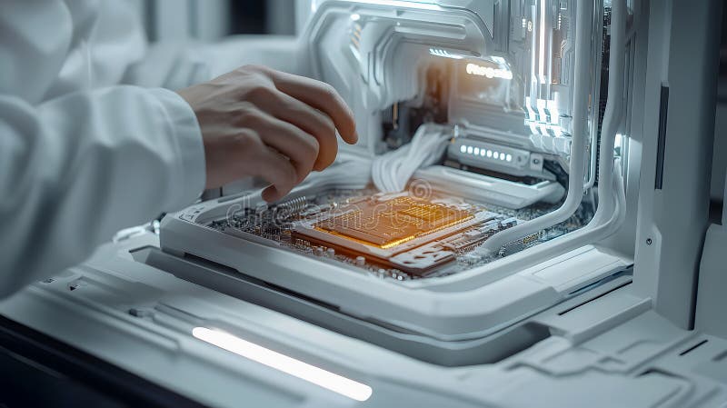 Assembling a High-tech Motherboard with a Cpu, a White Futuristic Pc ...