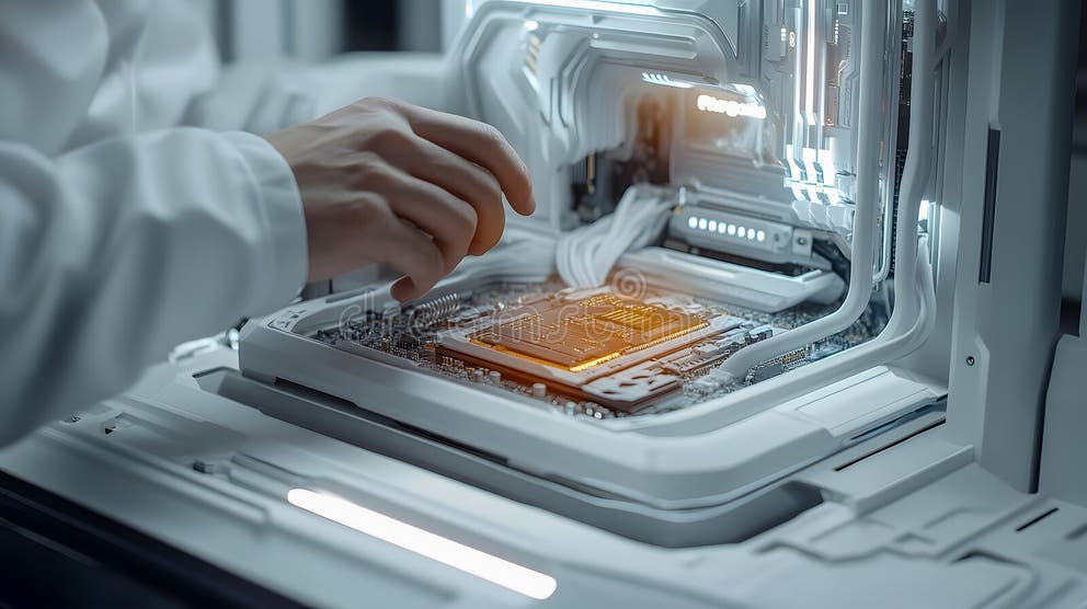 Assembling a High-tech Motherboard with a Cpu, a White Futuristic Pc ...