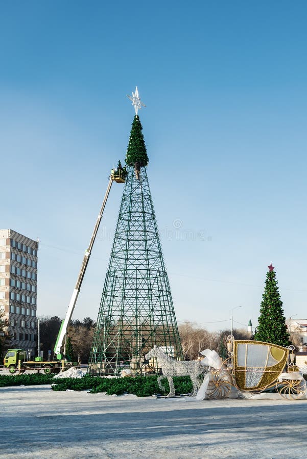 Assembling the Main City Christmas Tree in the City Square Stock Photo ...