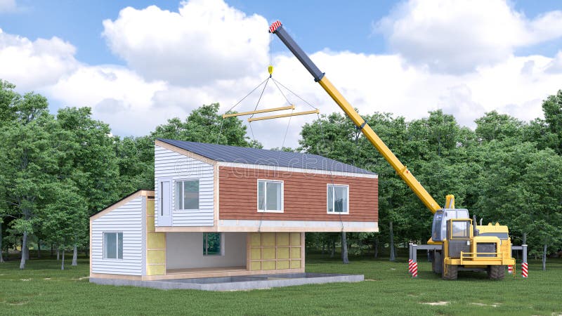 Assembling a Modular House Exterior. 3d Illustration Stock Illustration ...