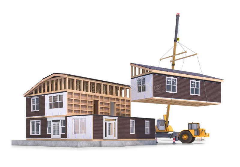 Assembling a Modular House Isolated on White Background. 3d ...