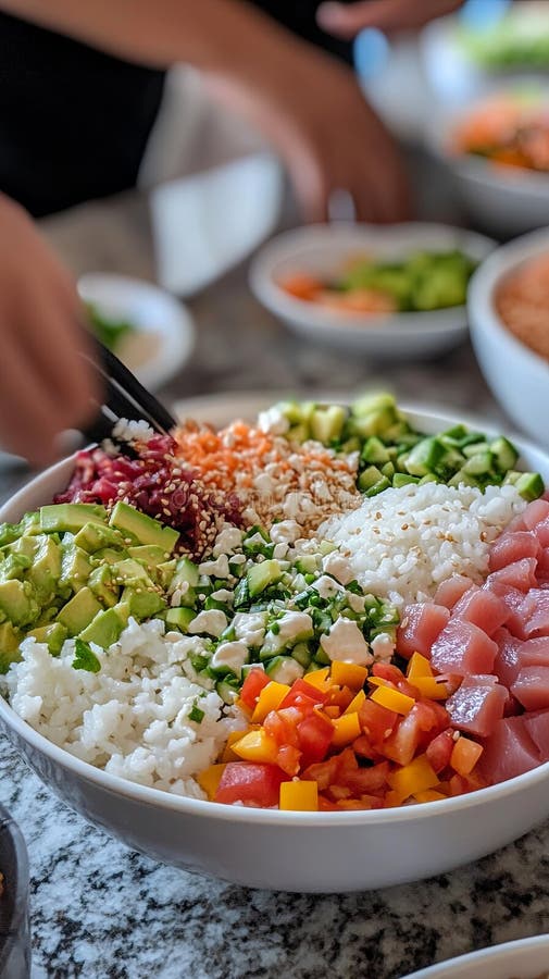 Assembling Poke Bowl Rice, Tuna, Avocado. Stock Image - Image of sushi ...