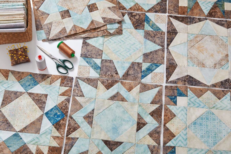 Assembling of Quilt from Patchwork Blocks, a Basket with Fabric, Sewing ...