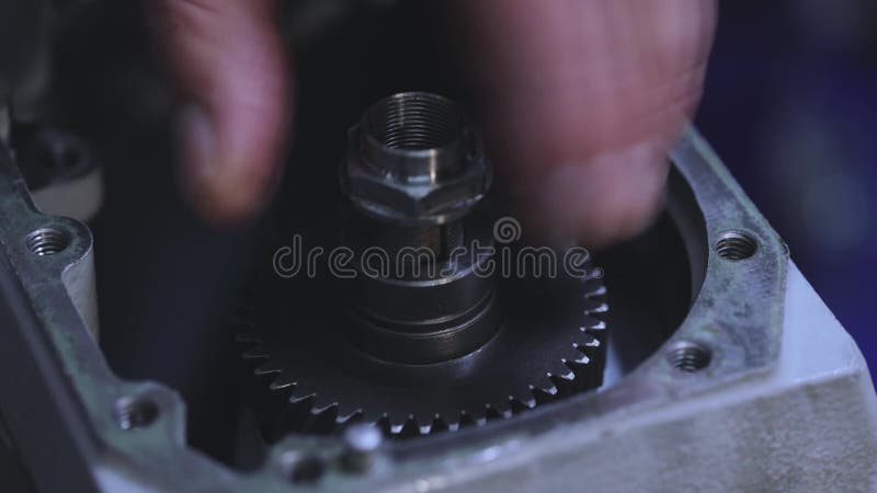 Assembly of the Gearbox, Man Inserts the Gear into the Gearbox. Metal ...