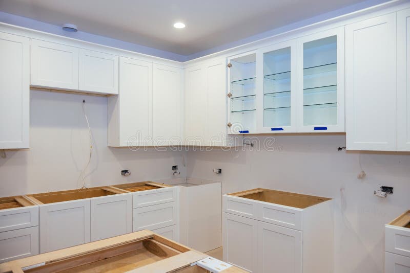 Assembly and Installation of Modern Kitchen Cabinets Stock Image ...