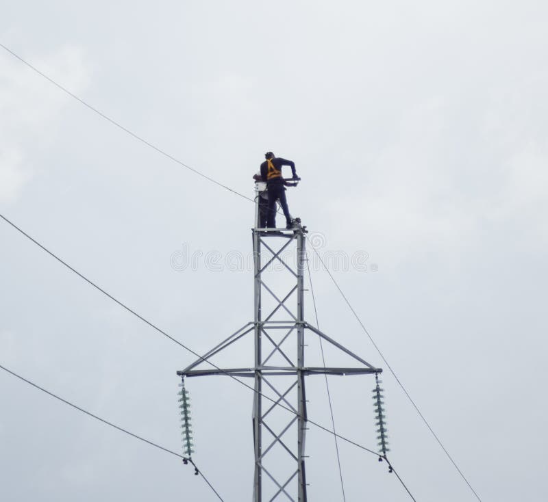 Assembly and Installation of New Support of a Power Line Stock Photo ...