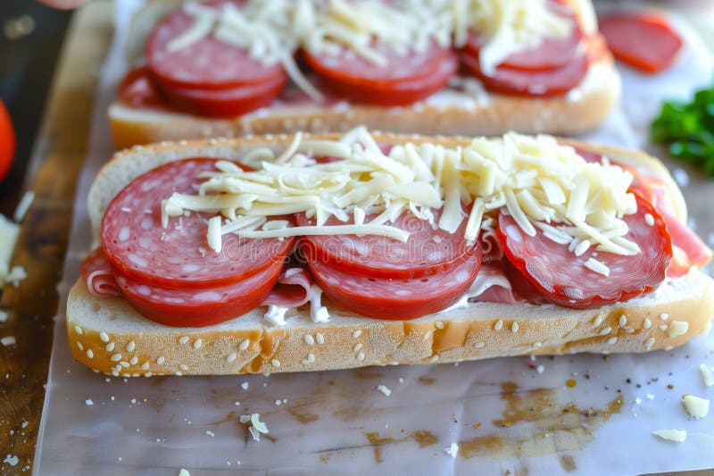 Assembly of an Italian Sub with Salami, Pepperoni, and Cheese Stock ...