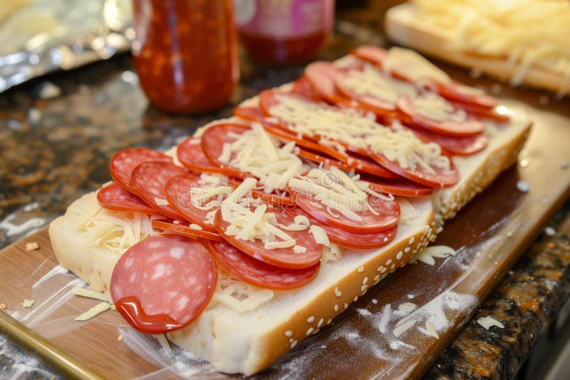Assembly of an Italian Sub with Salami, Pepperoni, and Cheese Stock ...