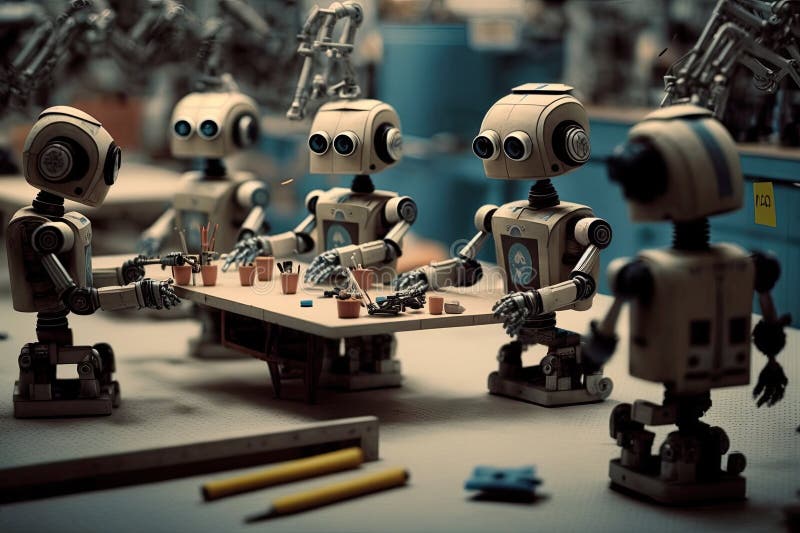 Assembly Line, with Androids Being Built from Scratch by Robotic Arms ...
